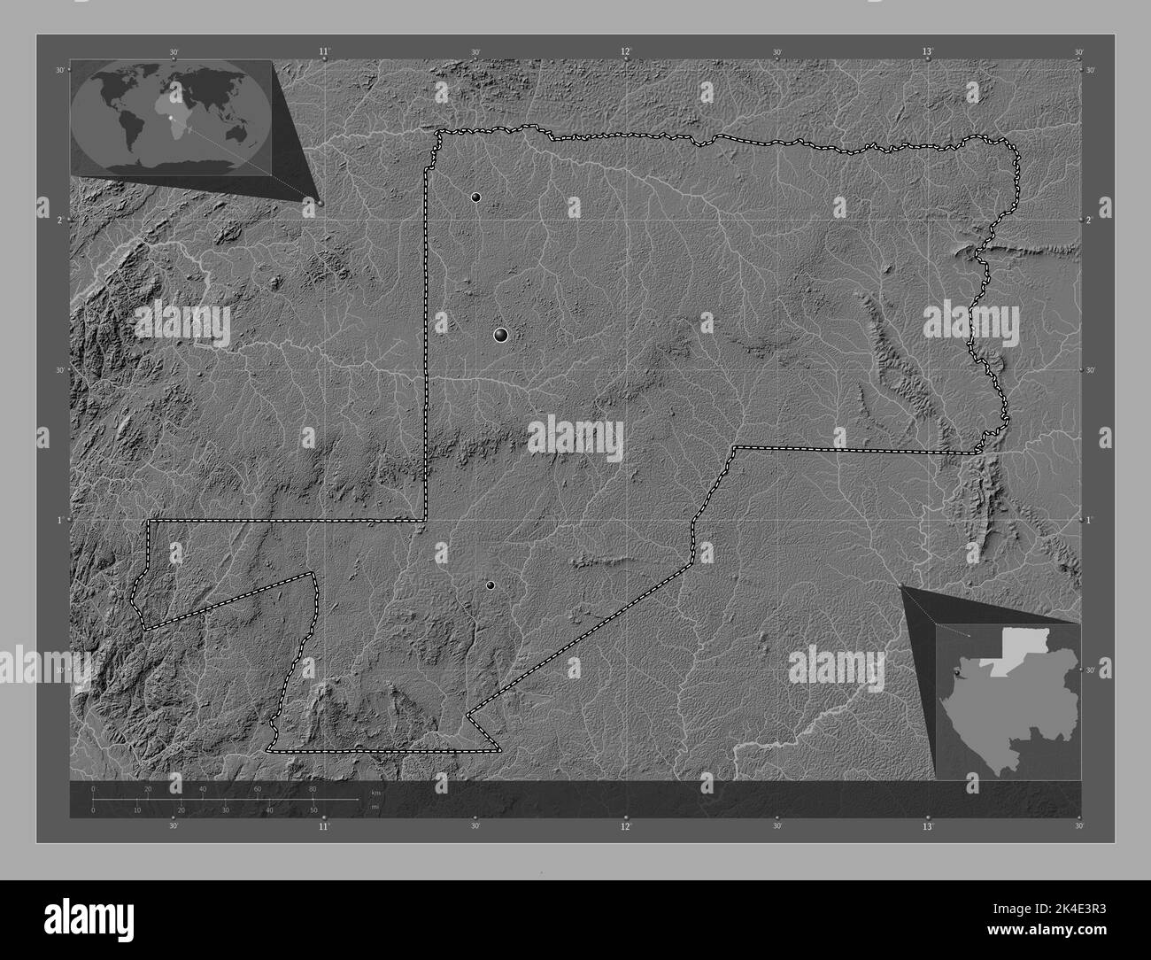 Wouleu-Ntem, province of Gabon. Bilevel elevation map with lakes and ...