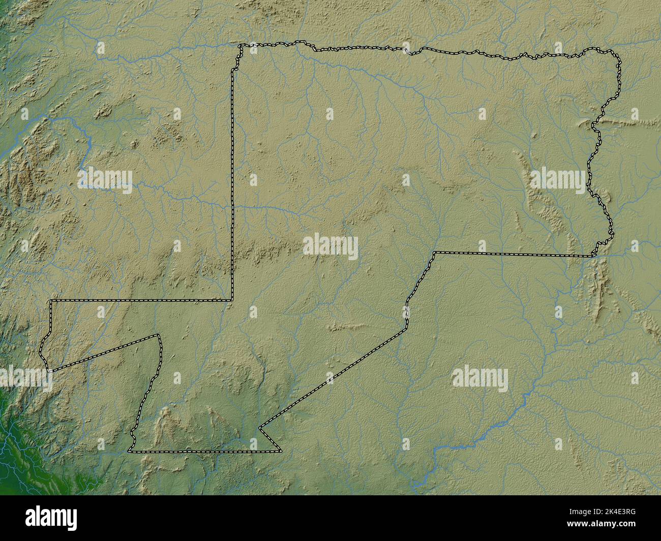 Wouleu-Ntem, province of Gabon. Colored elevation map with lakes and ...