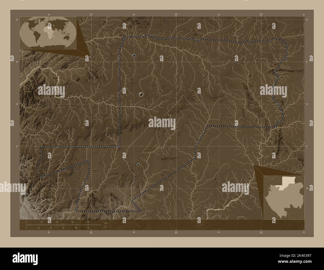 Wouleu-Ntem, province of Gabon. Elevation map colored in sepia tones ...