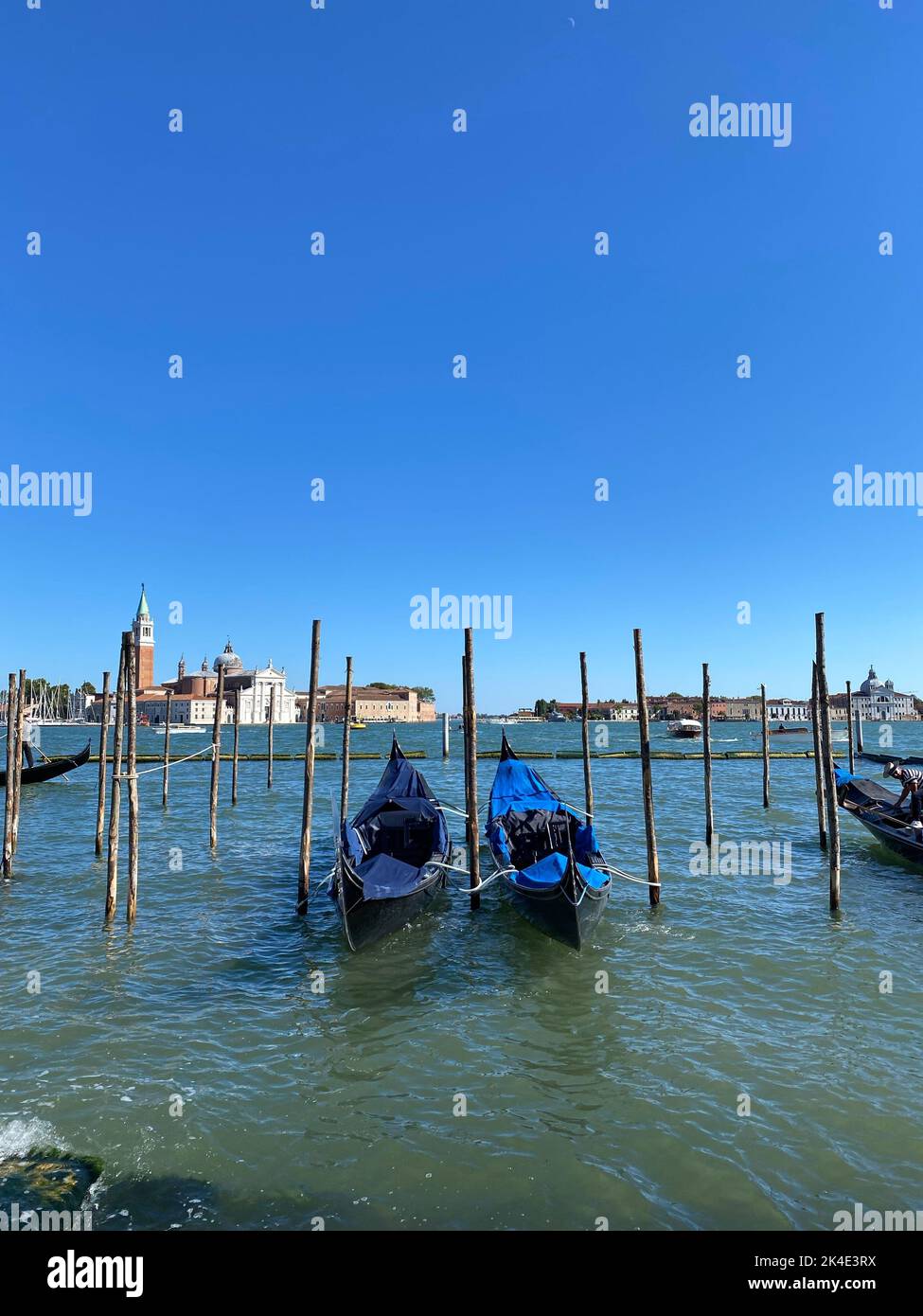 A vertical shot of gondolas moored to wood on a pier in Venice, Italy ...