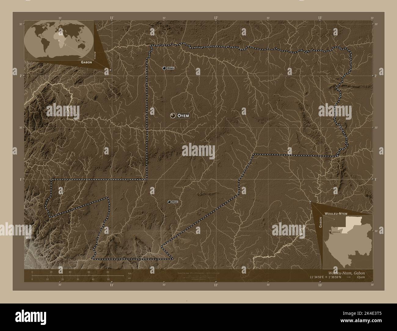 Wouleu-Ntem, province of Gabon. Elevation map colored in sepia tones ...