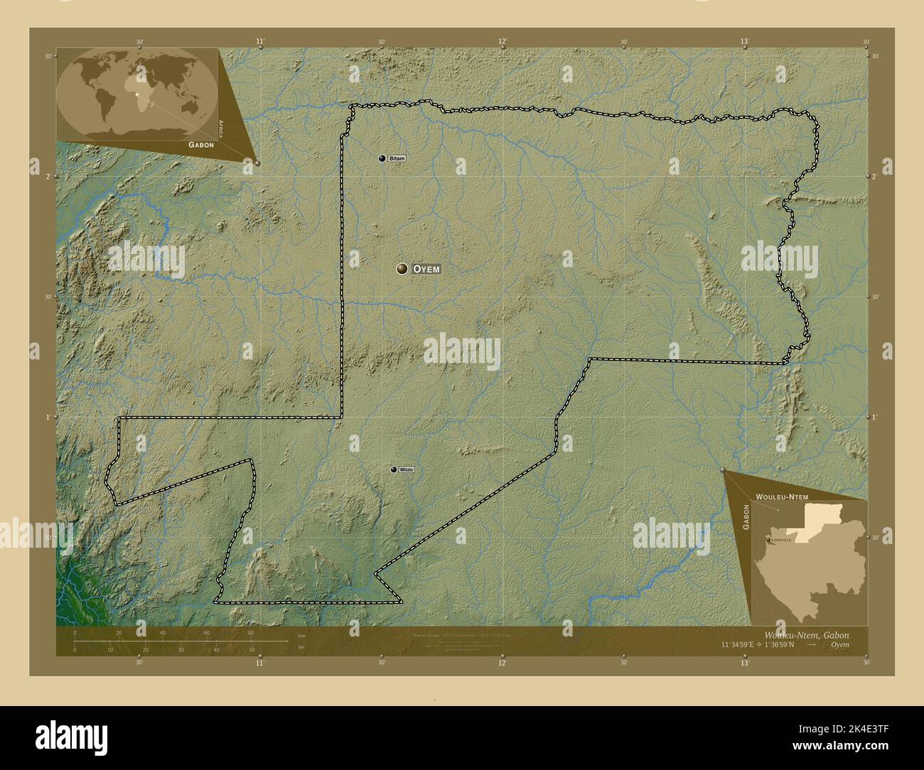 Wouleu-Ntem, province of Gabon. Colored elevation map with lakes and ...