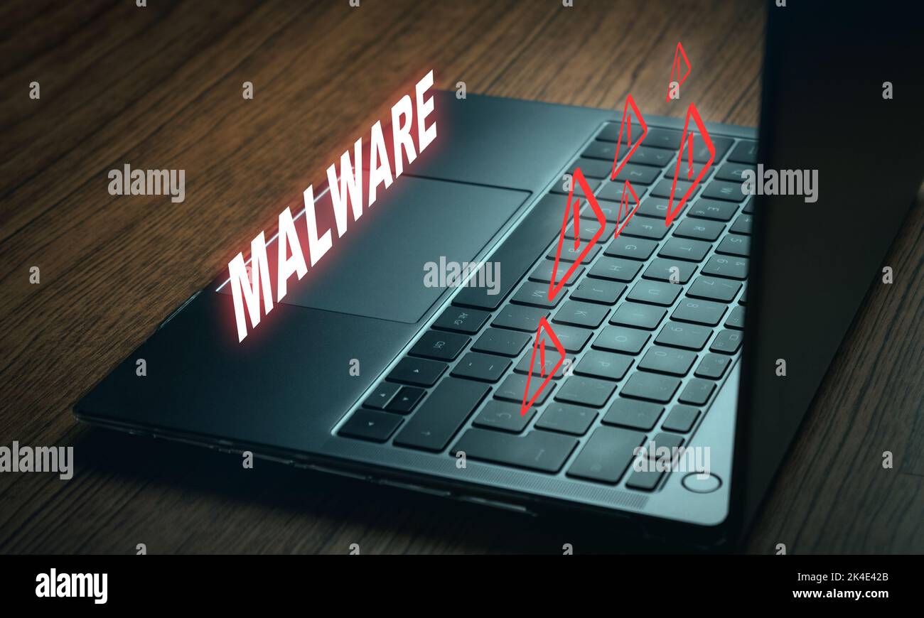 VR warning malware screen on laptop. Cyber security data protection ...