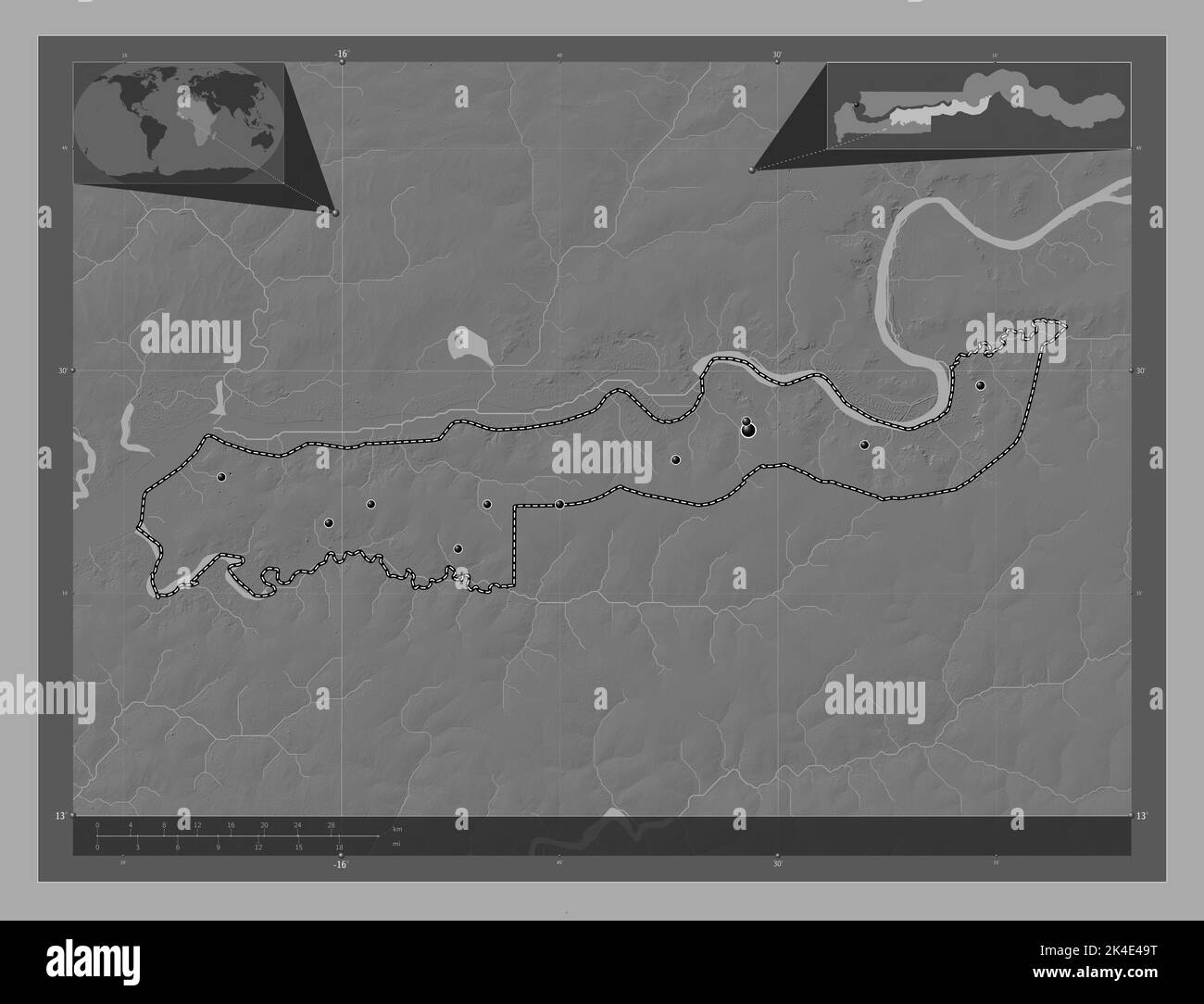 Lower River, division of Gambia. Bilevel elevation map with lakes and ...