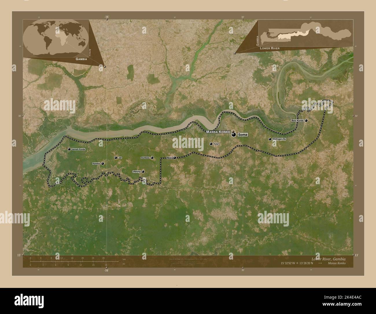 Lower River, division of Gambia. Low resolution satellite map ...