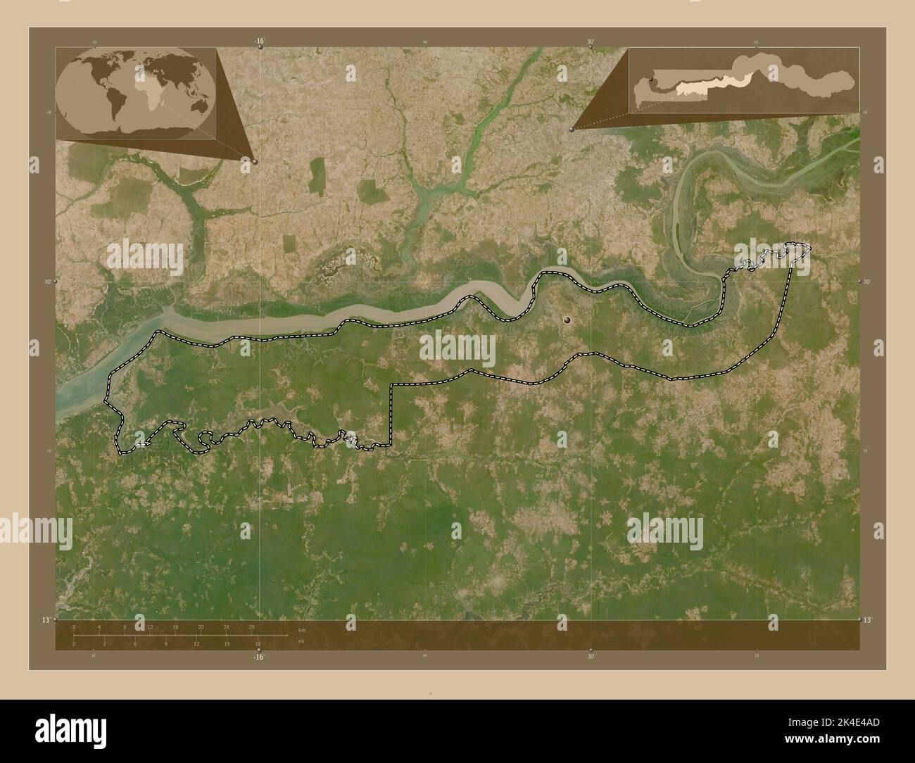 Lower River, division of Gambia. Low resolution satellite map. Corner ...
