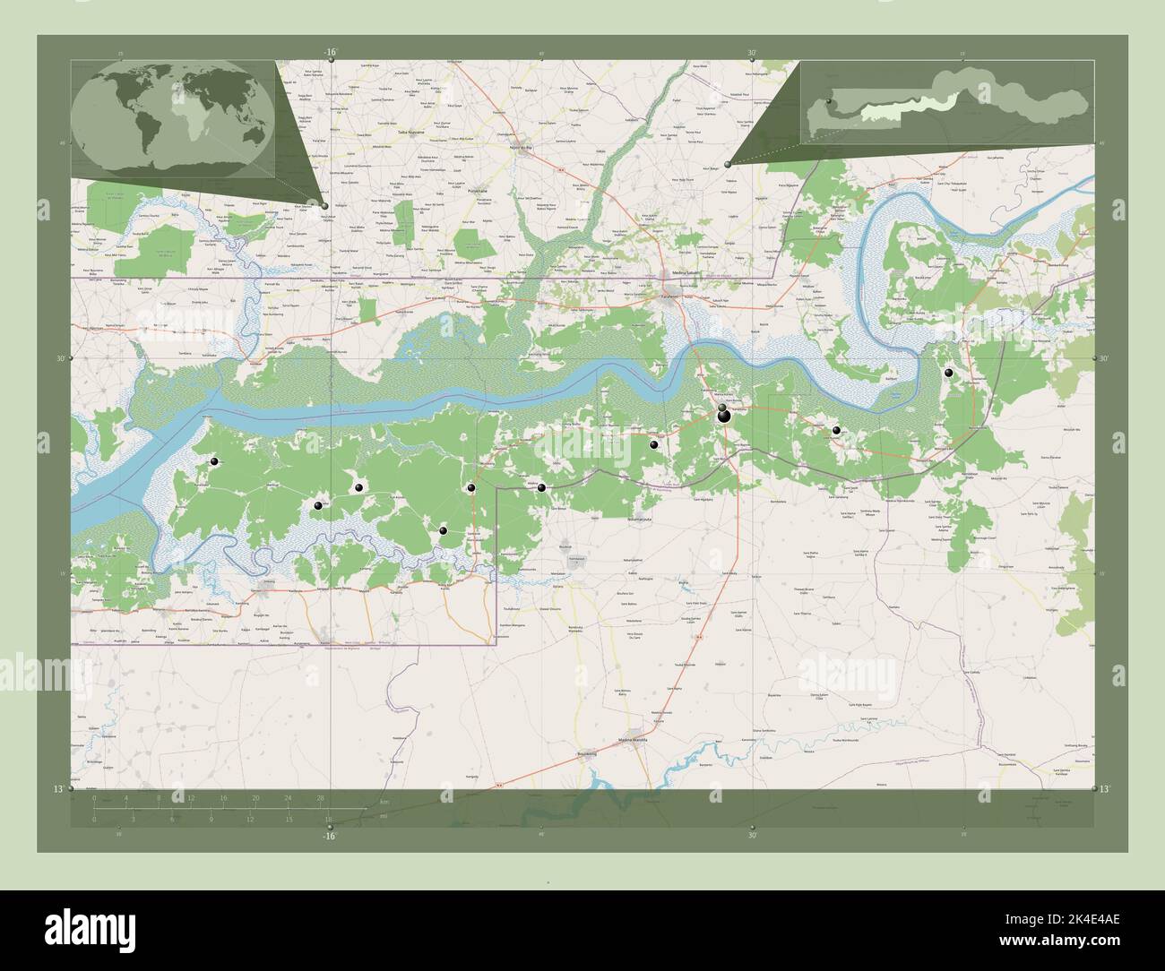 Lower River, division of Gambia. Open Street Map. Locations of major ...