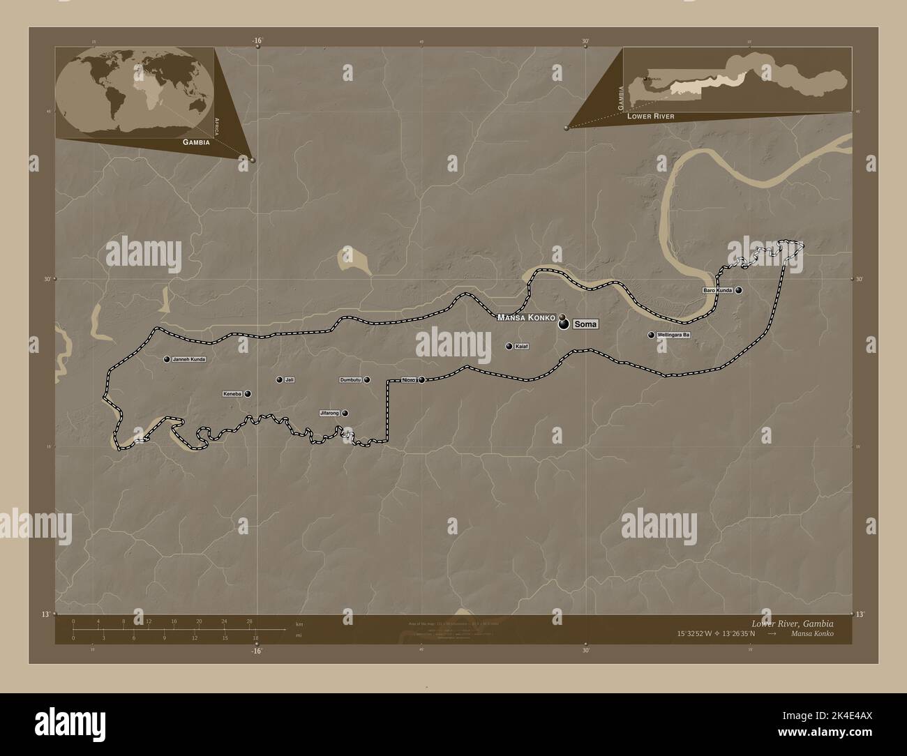 Lower River, division of Gambia. Elevation map colored in sepia tones ...