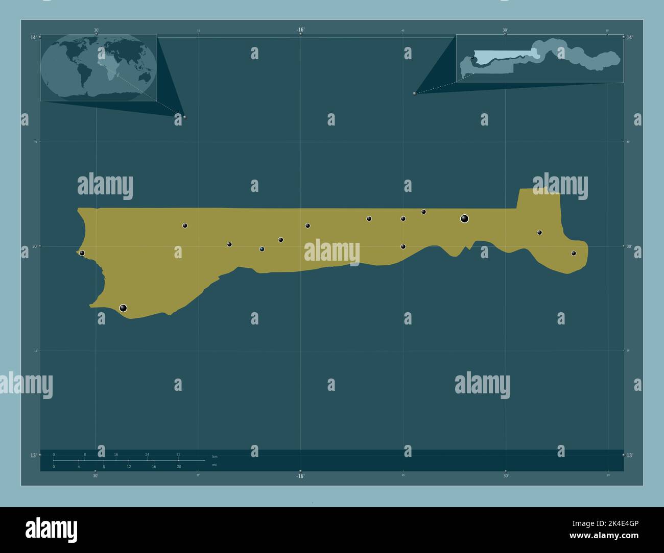 North Bank, division of Gambia. Solid color shape. Locations of major ...