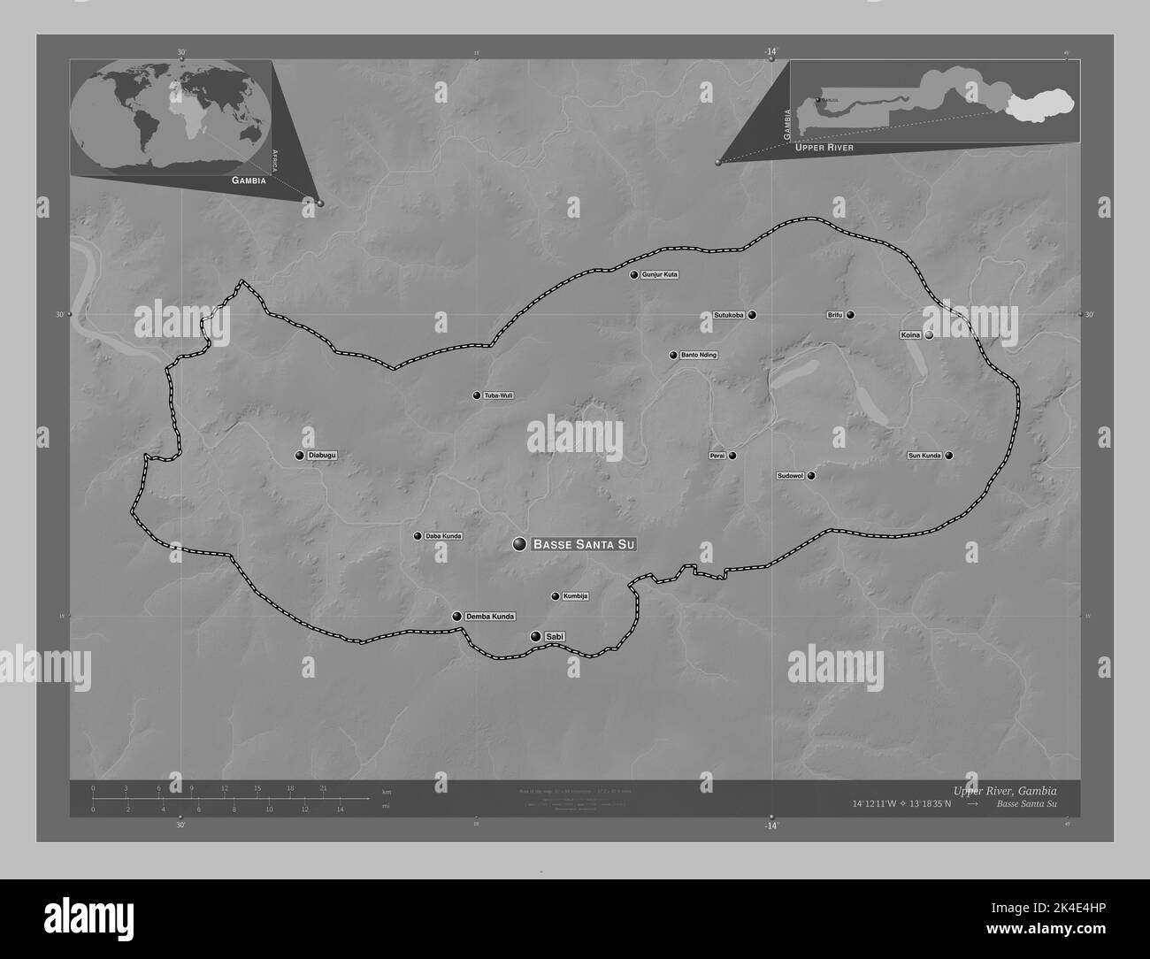 Upper River, division of Gambia. Grayscale elevation map with lakes and ...