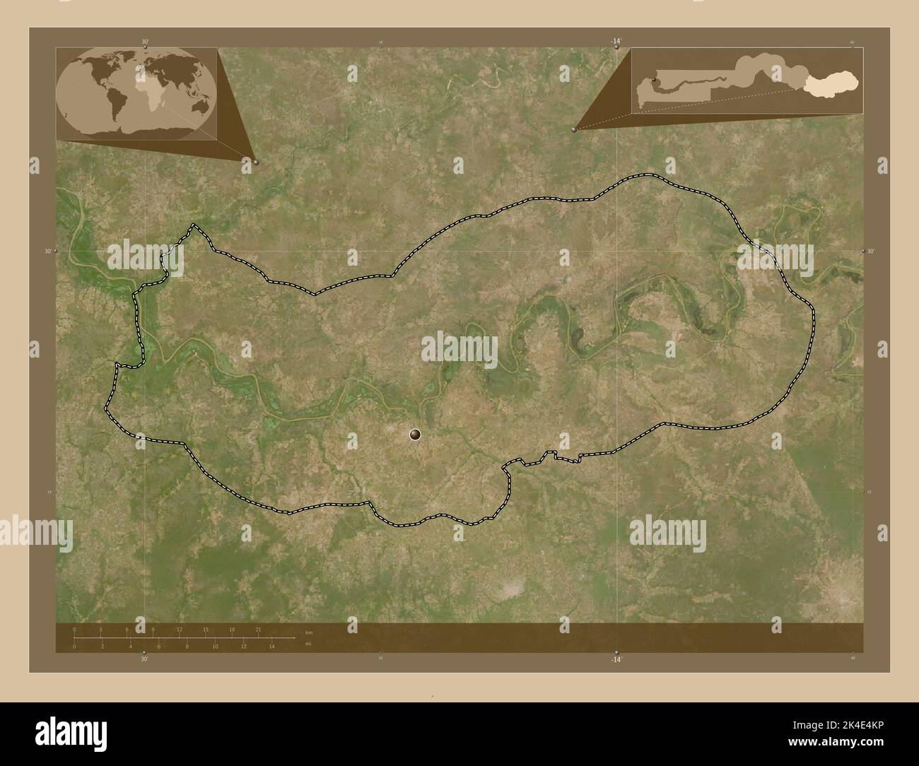 Upper River, division of Gambia. Low resolution satellite map. Corner ...