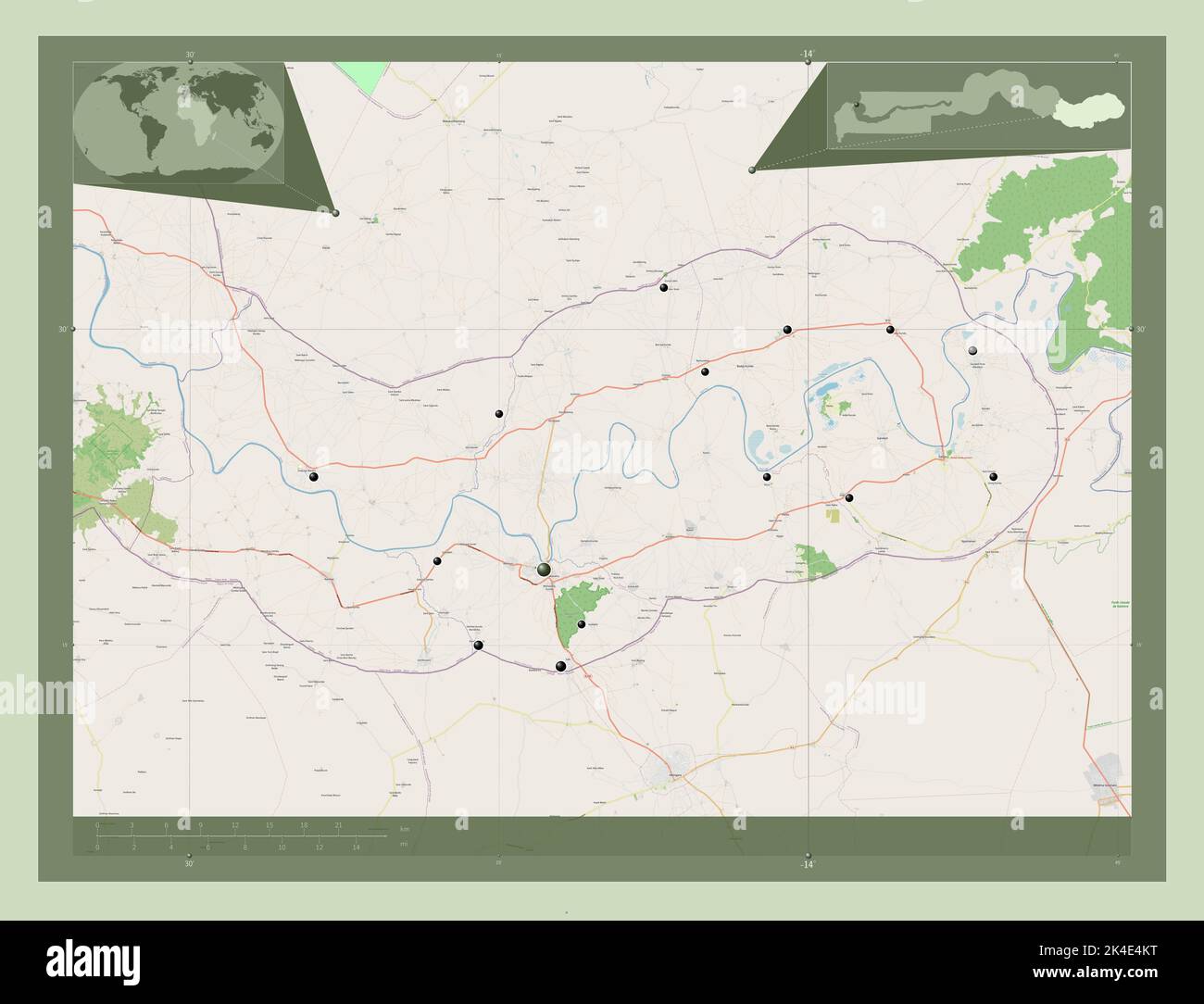 Upper River, division of Gambia. Open Street Map. Locations of major ...