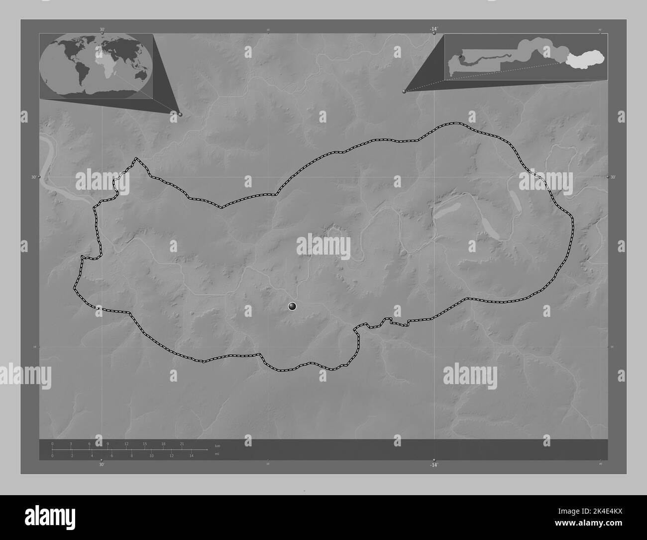 Upper River, division of Gambia. Grayscale elevation map with lakes and ...