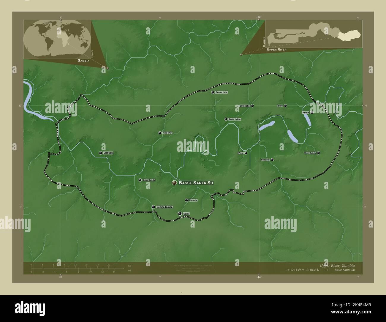 Upper River, division of Gambia. Elevation map colored in wiki style ...