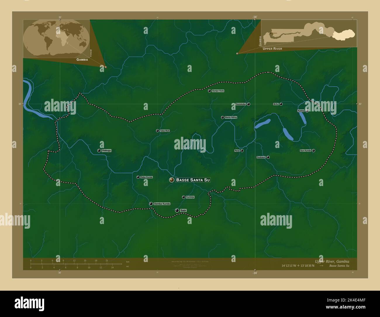 Upper River, division of Gambia. Colored elevation map with lakes and ...