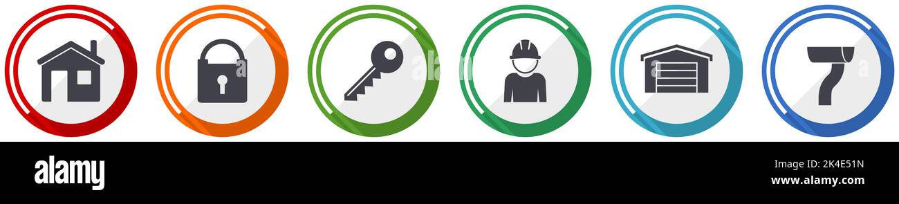 Home, house icon set, building flat design vector illustration in 6 ...