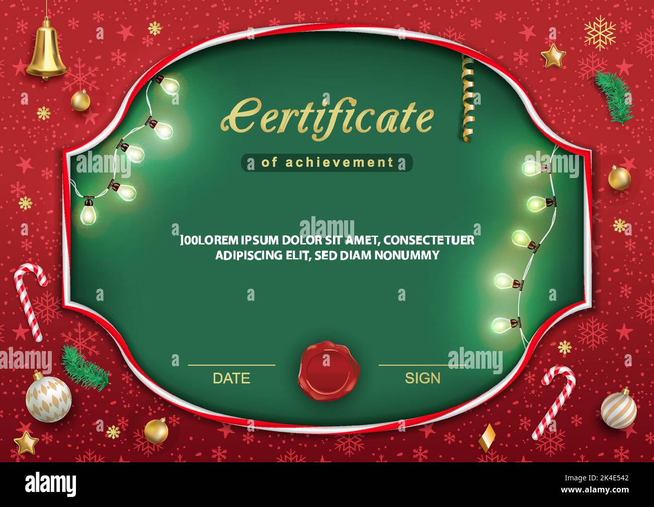 Christmas green red certificate. Xmas background with lights, candy ...