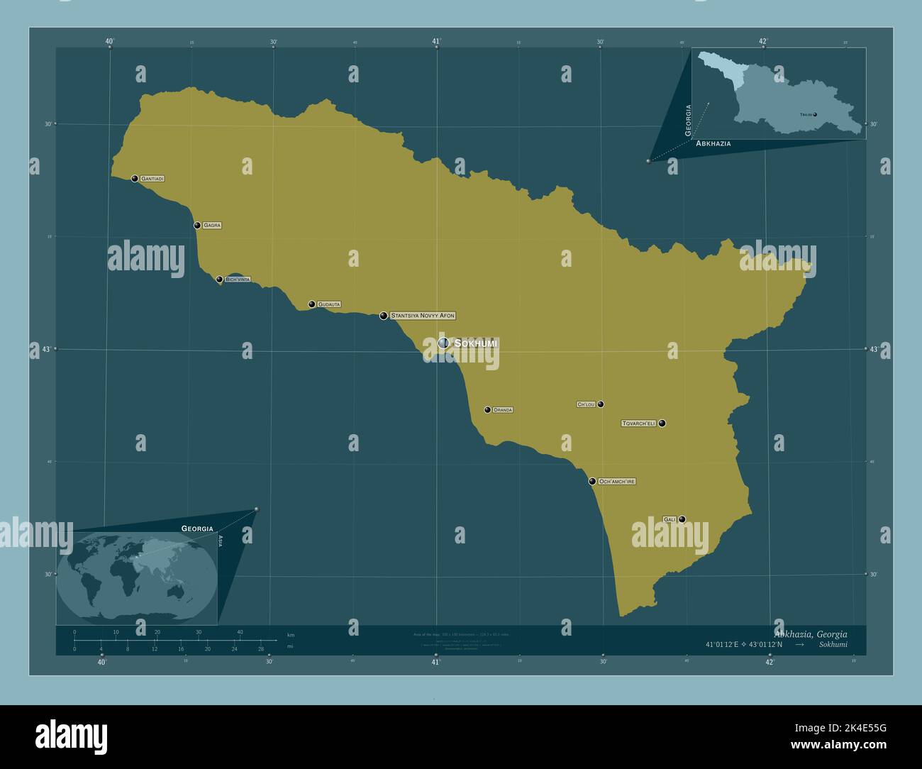 Abkhazia, autonomous republic of Georgia. Solid color shape. Locations ...