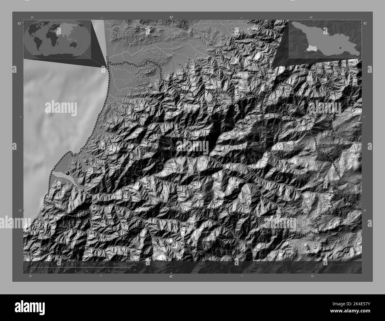 Ajaria, autonomous republic of Georgia. Bilevel elevation map with lakes and rivers. Corner ...
