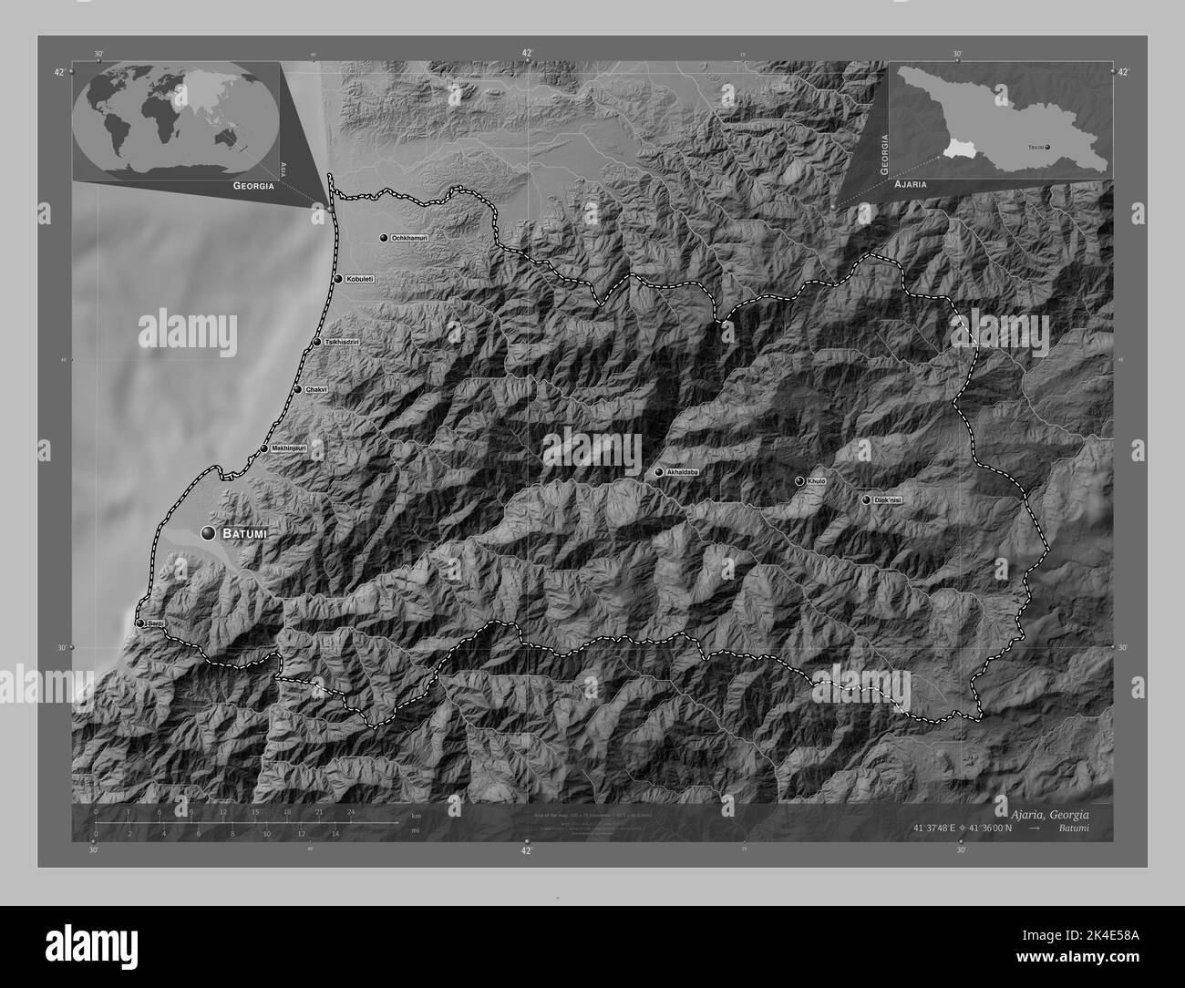 Ajaria, autonomous republic of Georgia. Grayscale elevation map with ...