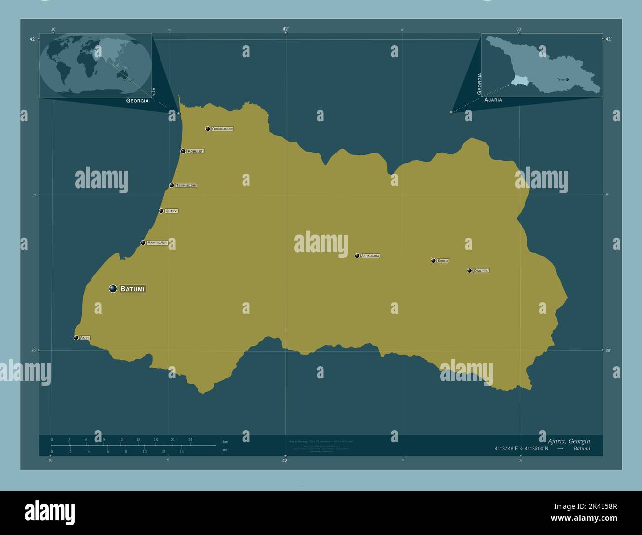 Ajaria, autonomous republic of Georgia. Solid color shape. Locations ...