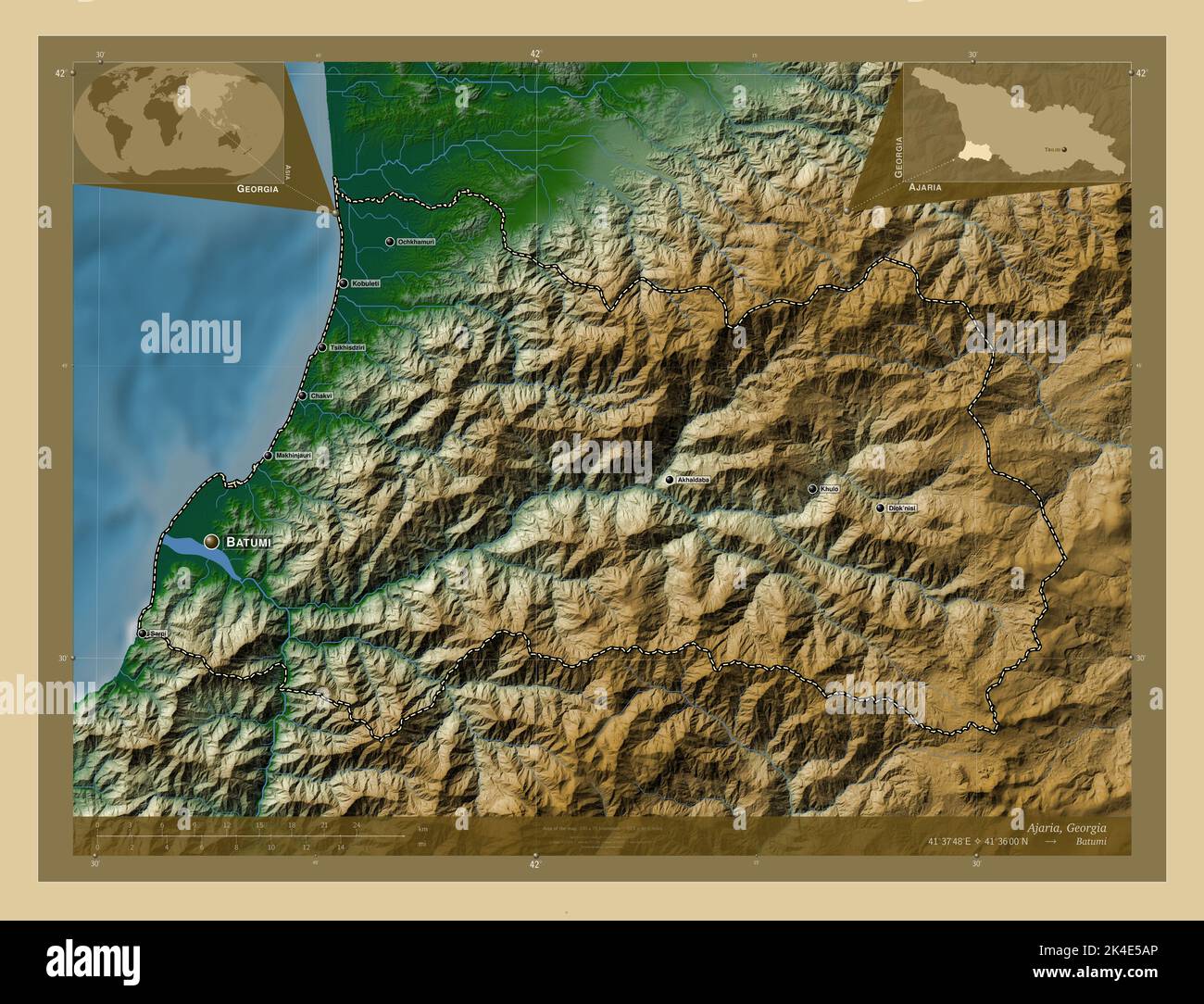 Ajaria, autonomous republic of Georgia. Colored elevation map with ...
