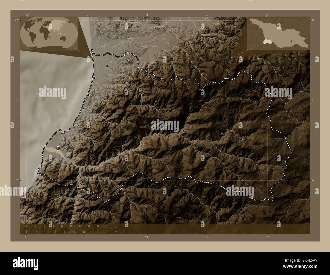 Ajaria, autonomous republic of Georgia. Elevation map colored in sepia ...