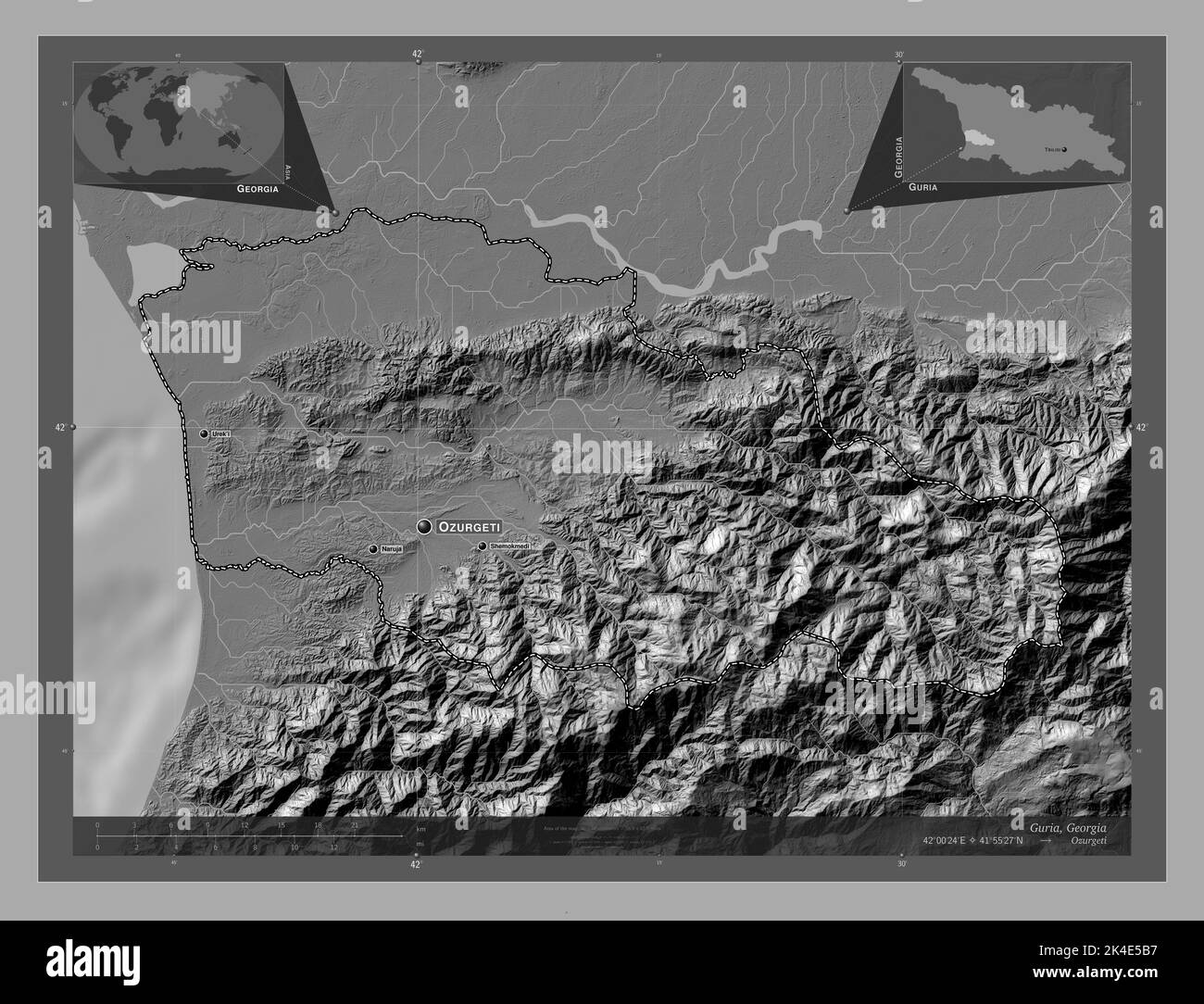 Guria, region of Georgia. Bilevel elevation map with lakes and rivers ...