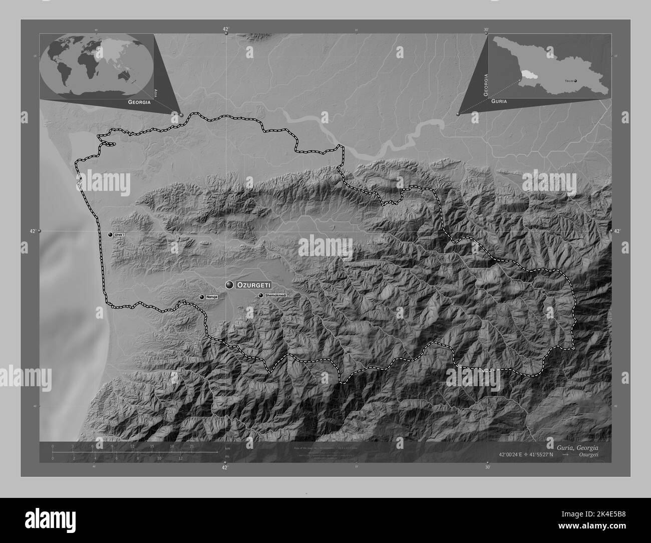 Guria, region of Georgia. Grayscale elevation map with lakes and rivers ...