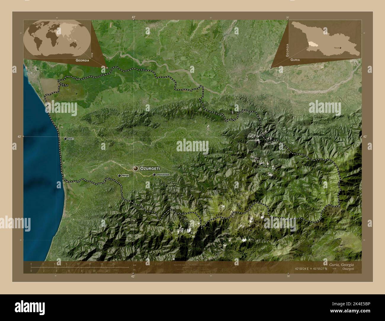Guria, region of Georgia. Low resolution satellite map. Locations and ...
