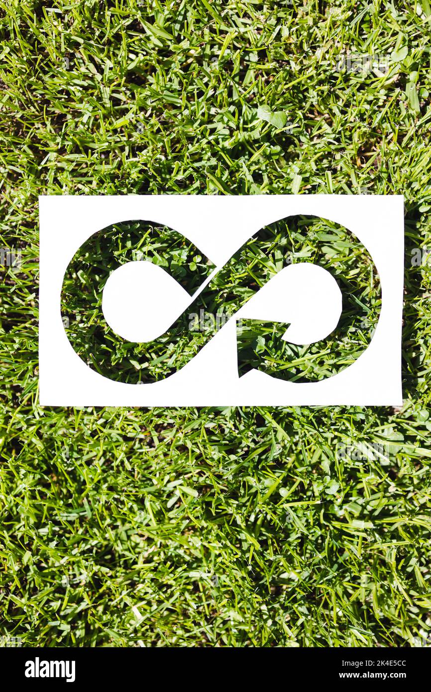 circular economy symbol on paper cutout with perfect green grass ...