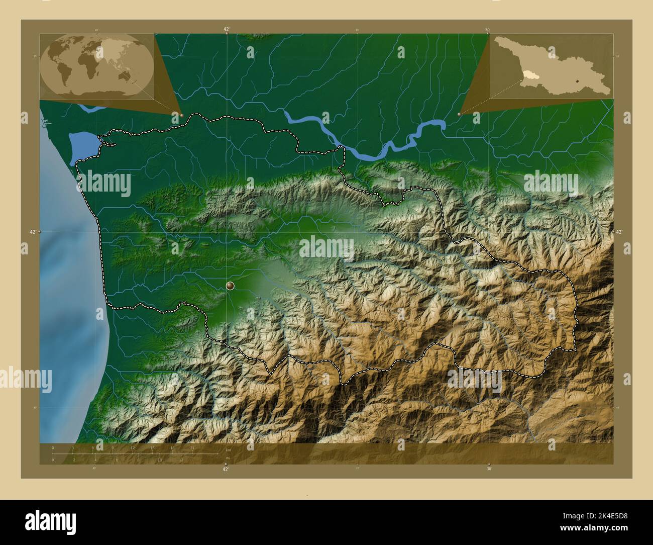 Guria, region of Georgia. Colored elevation map with lakes and rivers ...