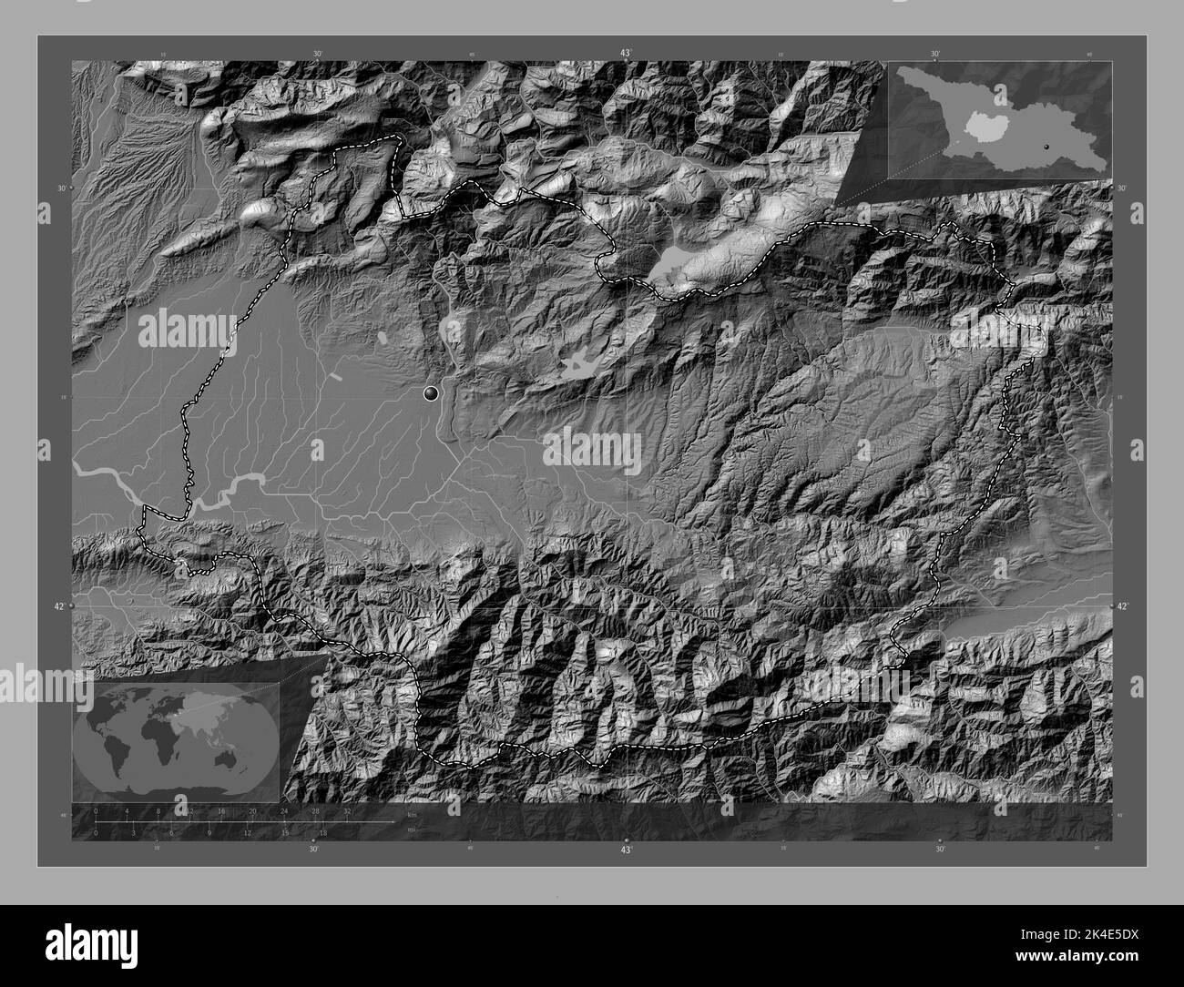Imereti, region of Georgia. Bilevel elevation map with lakes and rivers. Corner auxiliary ...