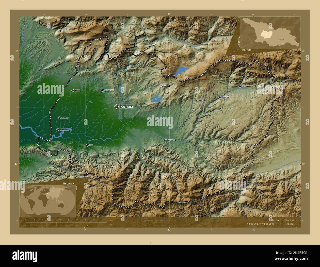 Imereti, region of Georgia. Colored elevation map with lakes and rivers ...