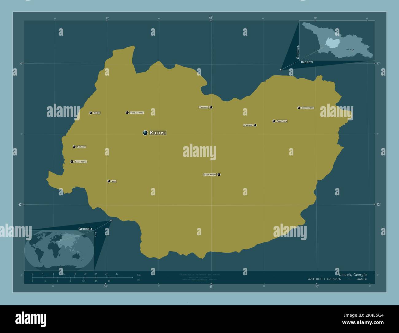 Imereti, region of Georgia. Solid color shape. Locations and names of ...