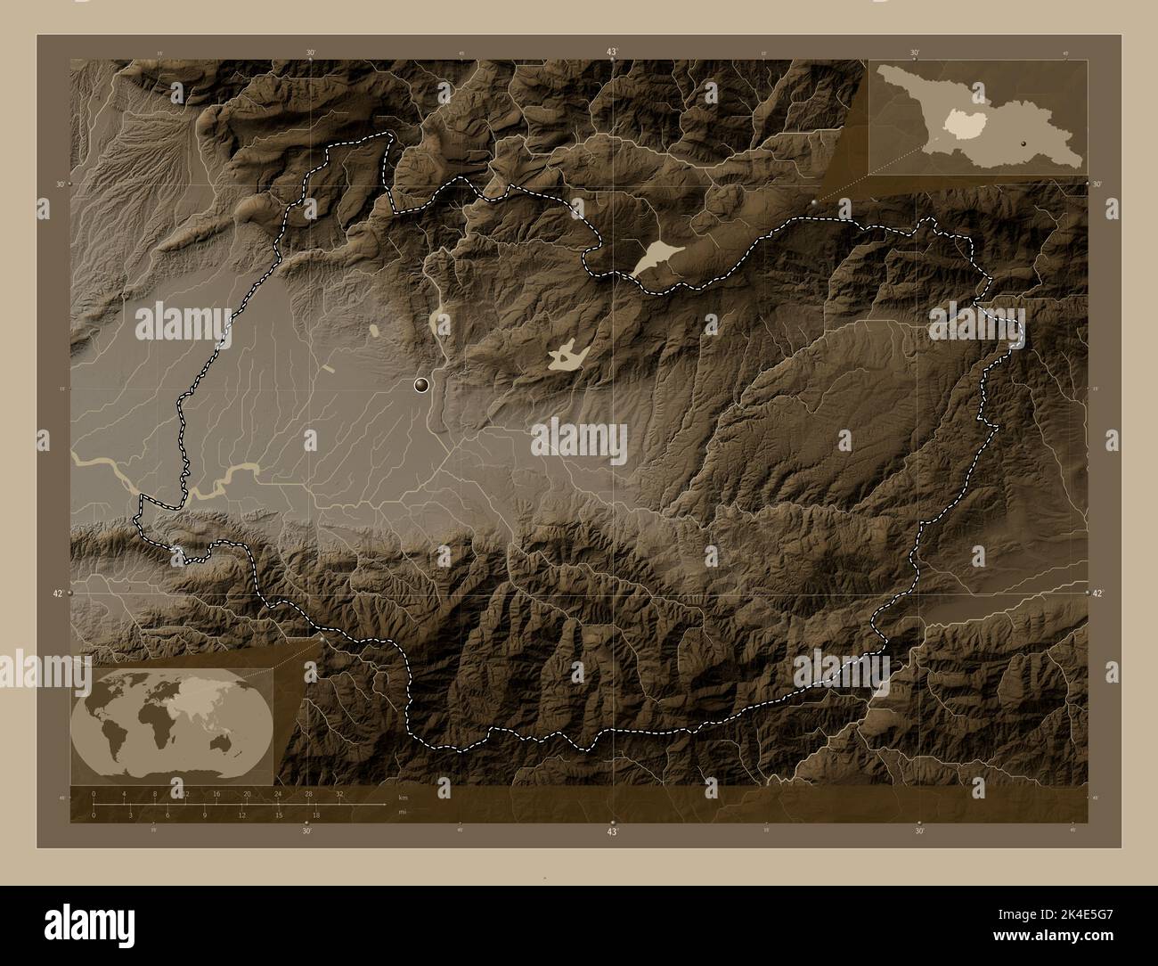 Imereti, region of Georgia. Elevation map colored in sepia tones with ...