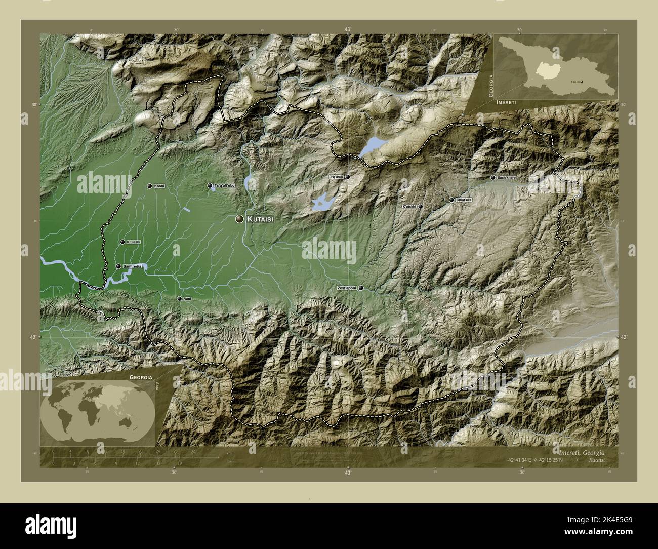 Imereti, region of Georgia. Elevation map colored in wiki style with lakes and rivers. Locations ...