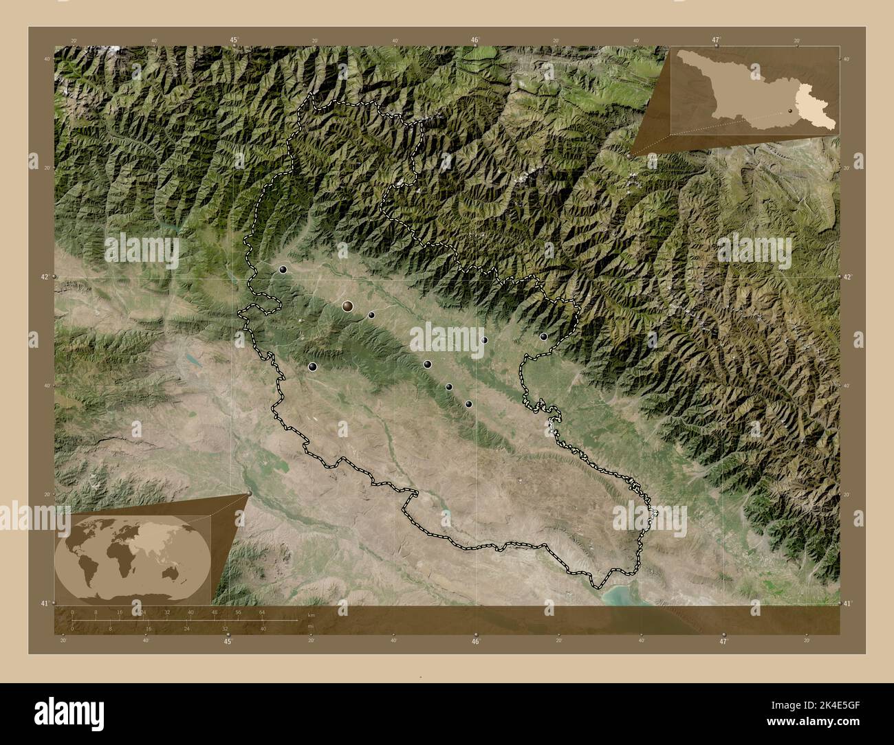 Kakheti, region of Georgia. Low resolution satellite map. Locations of ...