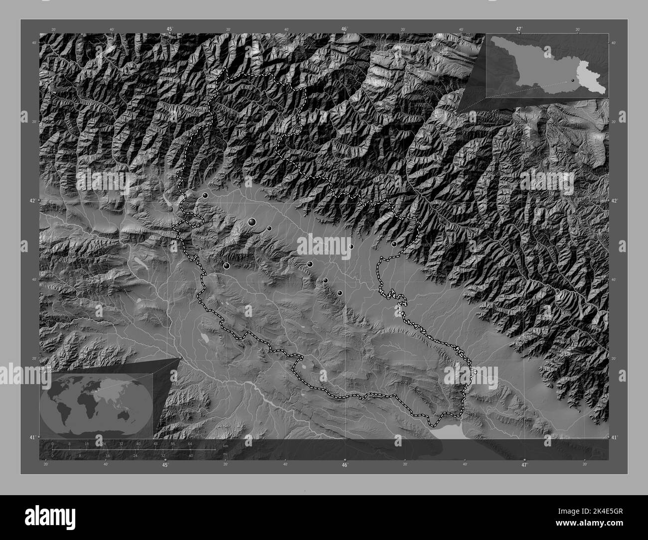 Kakheti, region of Georgia. Bilevel elevation map with lakes and rivers ...
