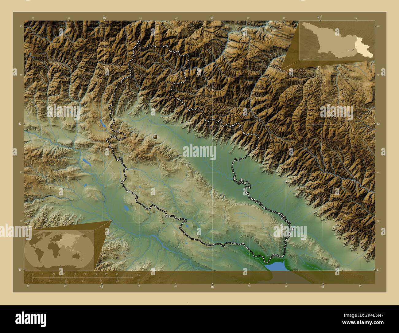 Kakheti, region of Georgia. Colored elevation map with lakes and rivers ...