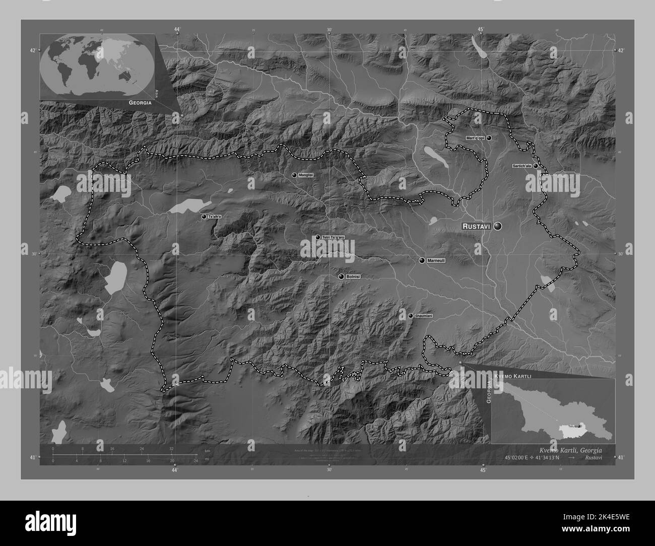 Kvemo Kartli, region of Georgia. Grayscale elevation map with lakes and ...
