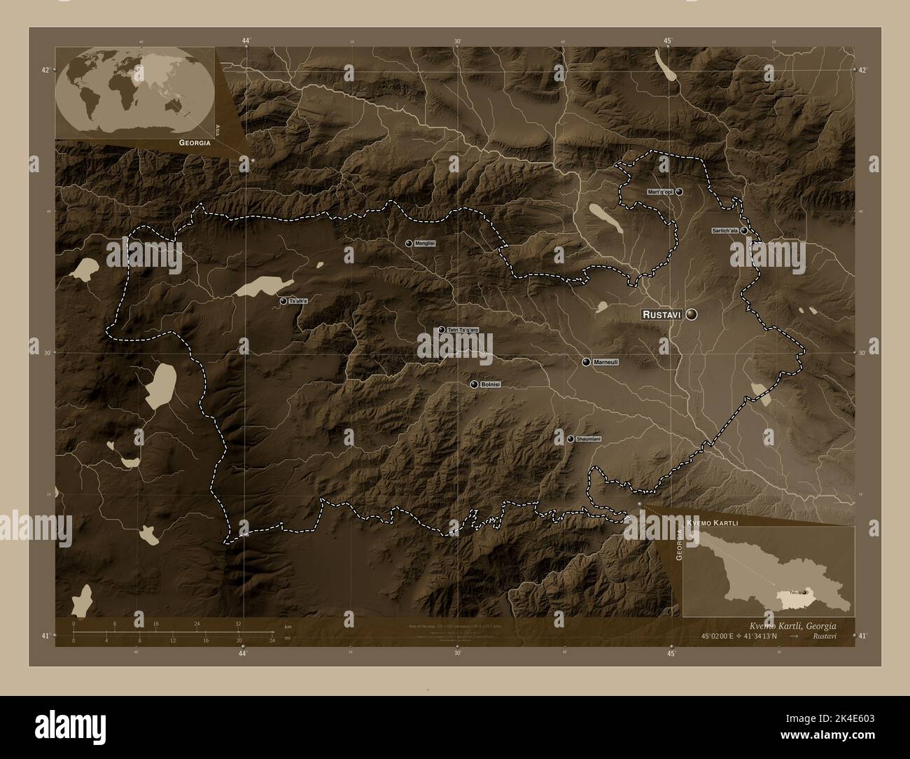 Kvemo Kartli, region of Georgia. Elevation map colored in sepia tones ...