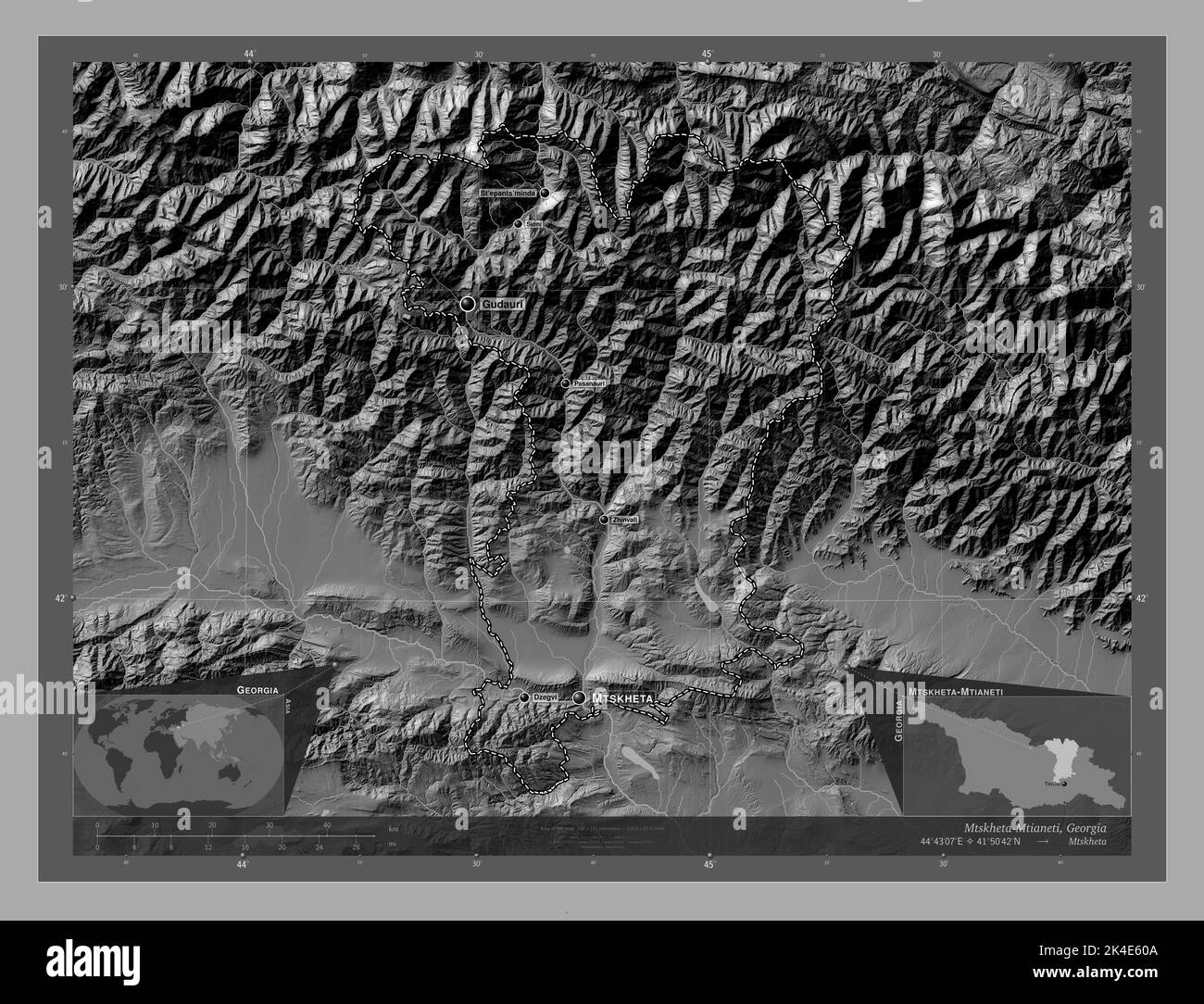 Mtskheta-Mtianeti, region of Georgia. Bilevel elevation map with lakes ...
