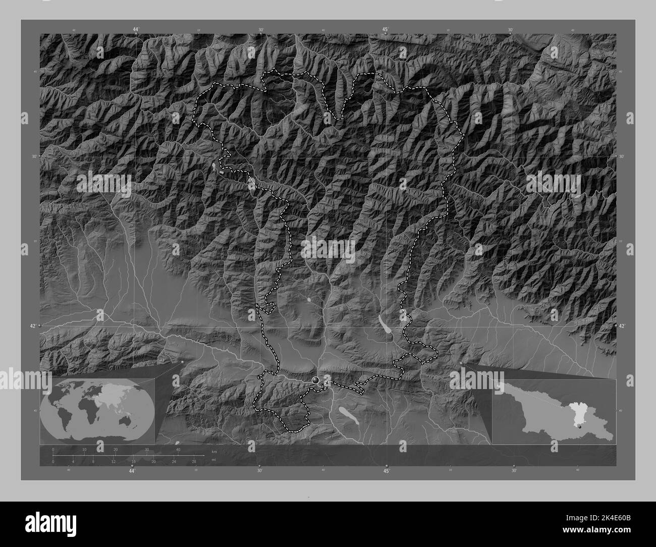 Mtskheta-Mtianeti, region of Georgia. Grayscale elevation map with ...