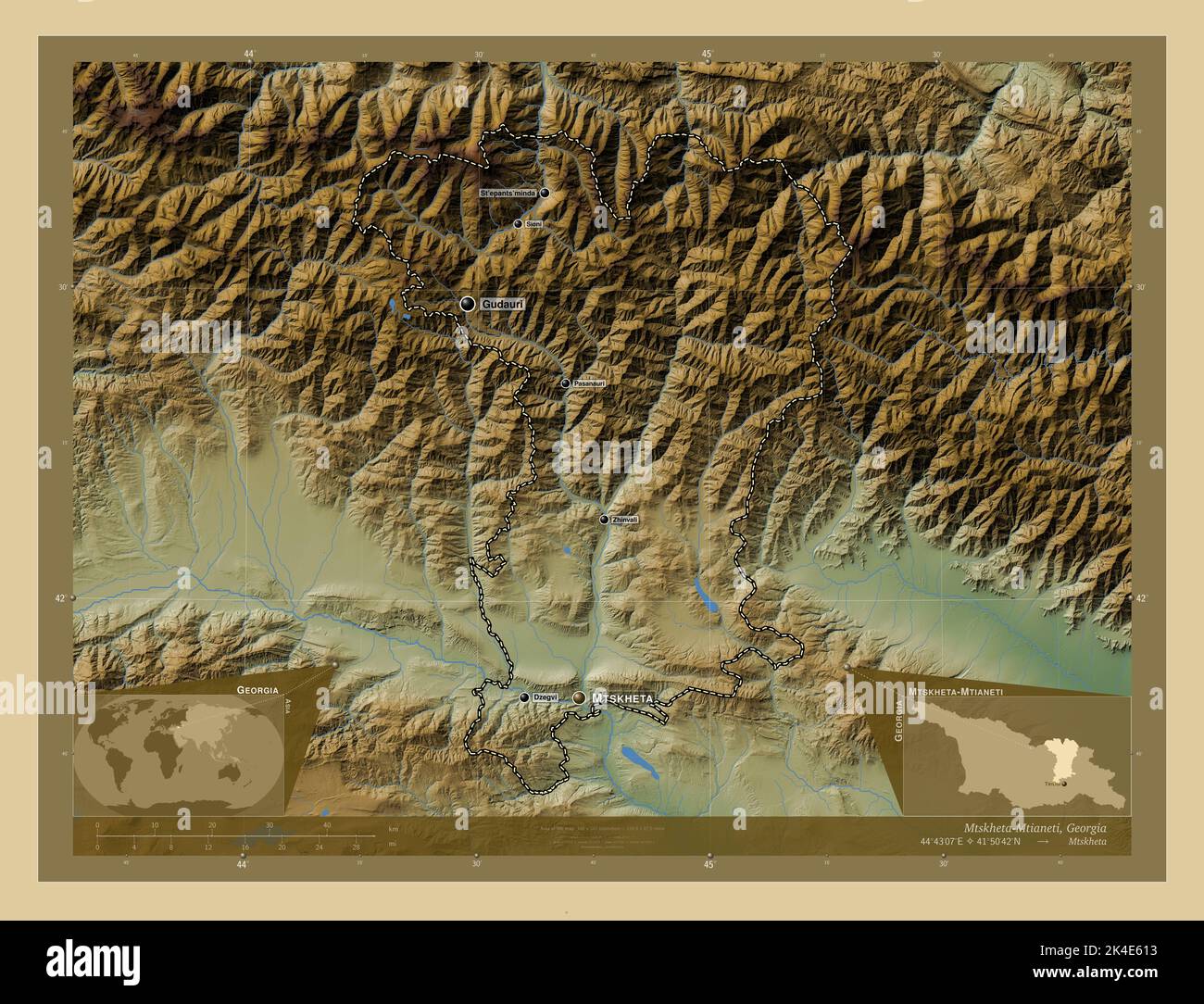 Mtskheta-Mtianeti, region of Georgia. Colored elevation map with lakes ...