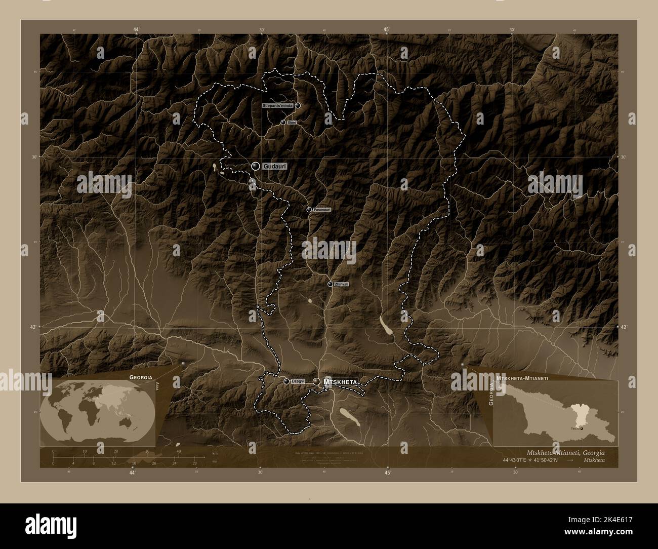 Mtskheta-Mtianeti, region of Georgia. Elevation map colored in sepia ...