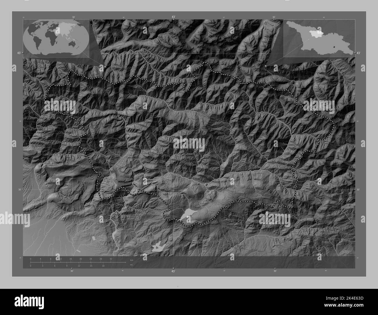 Racha-Lechkhumi-Kvemo Svaneti, region of Georgia. Grayscale elevation ...