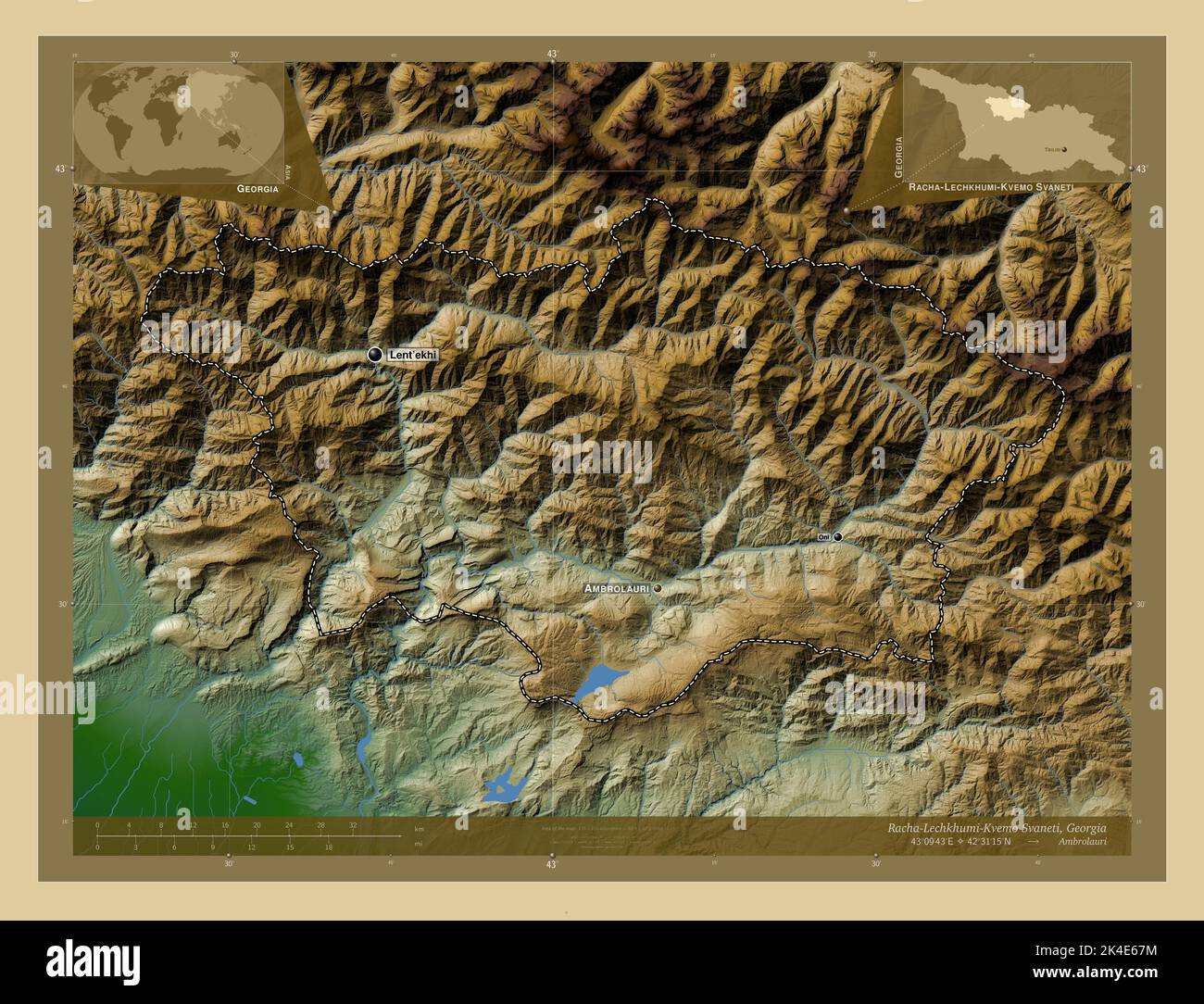 Racha-Lechkhumi-Kvemo Svaneti, region of Georgia. Colored elevation map ...
