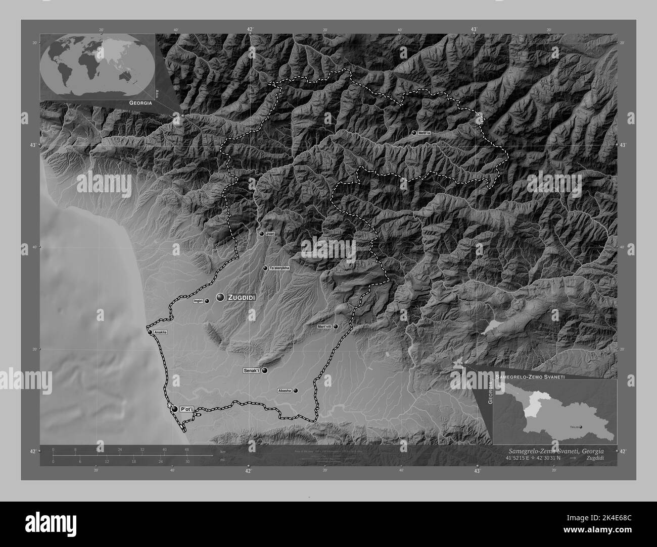 Samegrelo-Zemo Svaneti, region of Georgia. Grayscale elevation map with ...