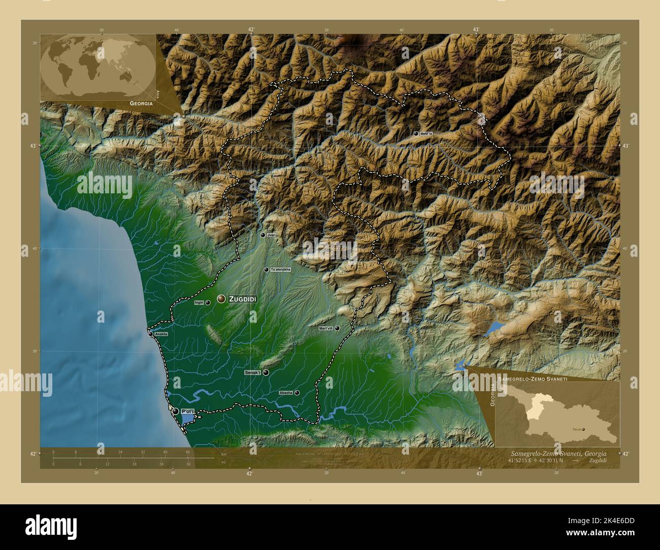 Samegrelo-Zemo Svaneti, region of Georgia. Colored elevation map with ...